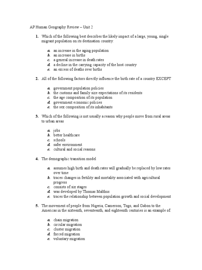 AP Human Geography Unit 2 Review | PDF | Human Migration | Total ...
