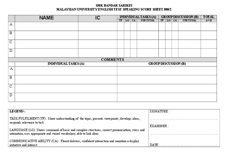 Muet Speaking Score Sheet | PDF