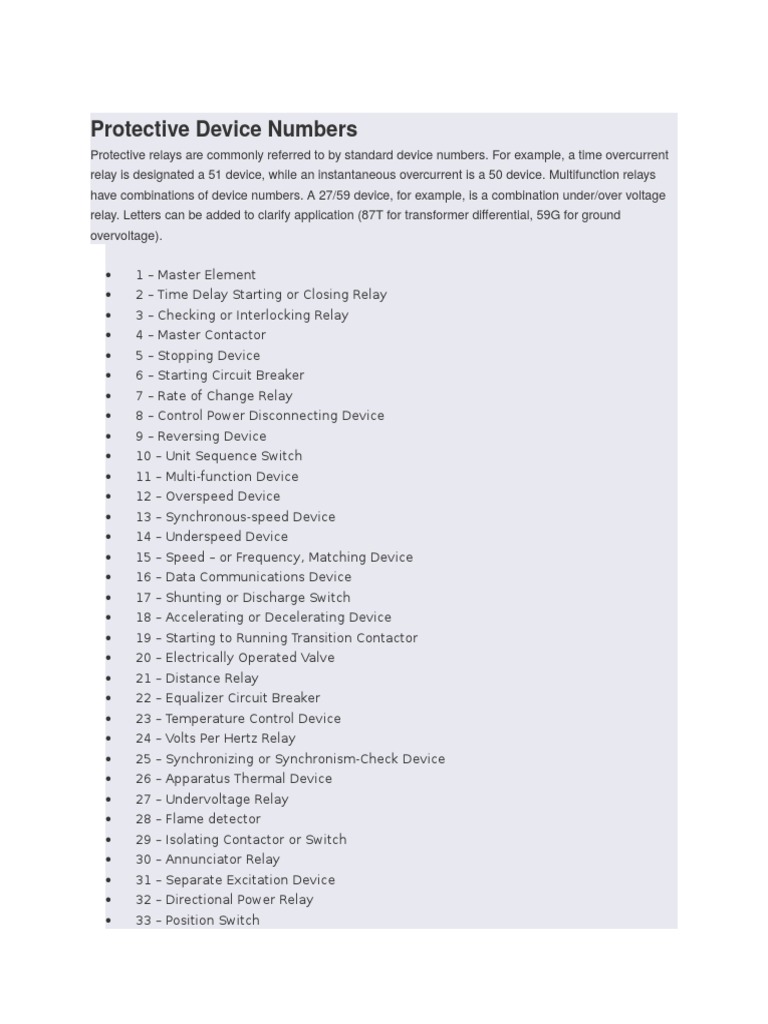 Protective Device Numbers | Download Free PDF | Relay | Transformer