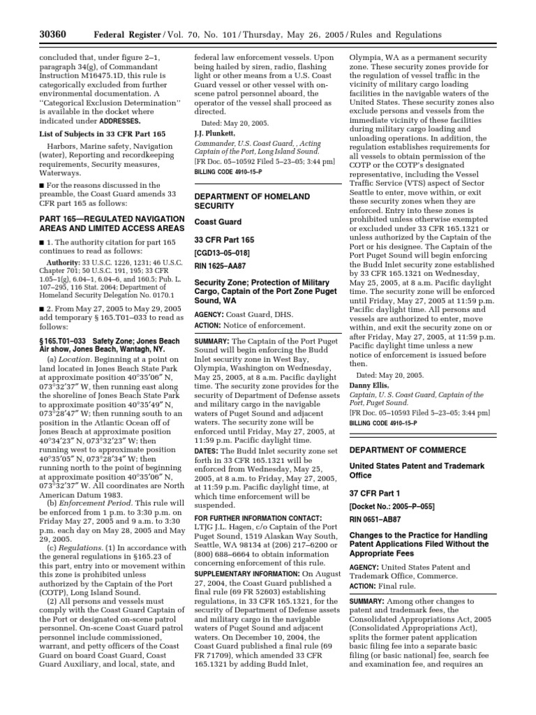 Rule: Ports and Waterways Safety Regulated Navigation Areas, Safety ...