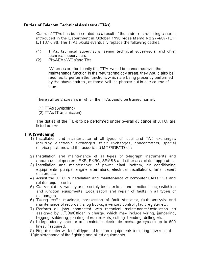 Duties of Telecom Technical Assistant (Ttas) | PDF | Cable | Telephone