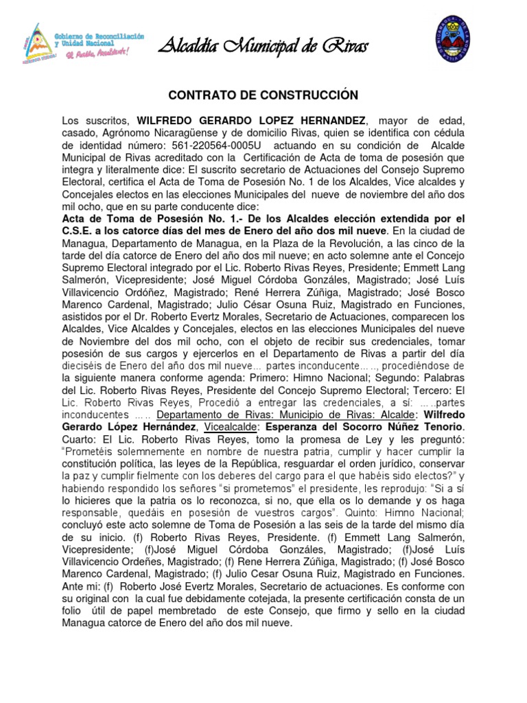 Contrato de Construccion PDF | PDF | Alcalde | Nicaragua