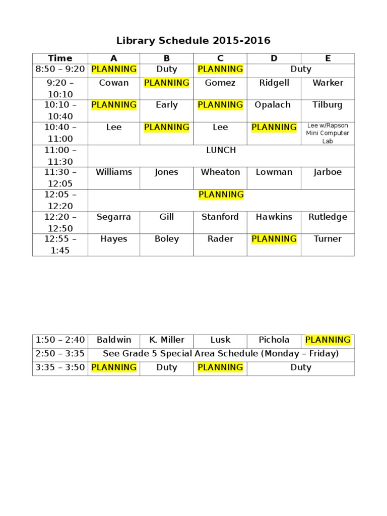 Library Schedule 2015-2016 Overview | PDF