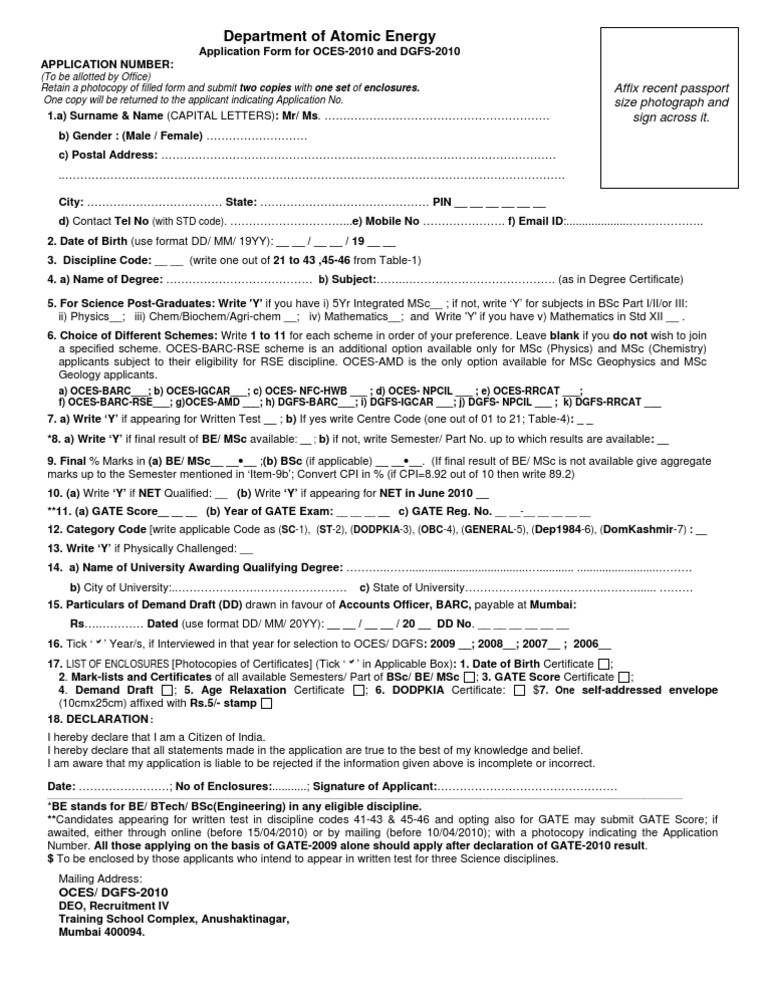 BARC Offline Application Form | PDF | Bachelor Of Science | Master Of ...