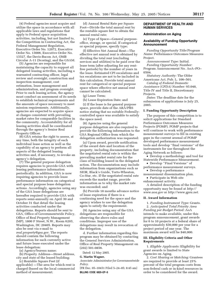 Notice: Grants and Cooperative Agreements Availability, Etc.: Performance Outcome Measures ...