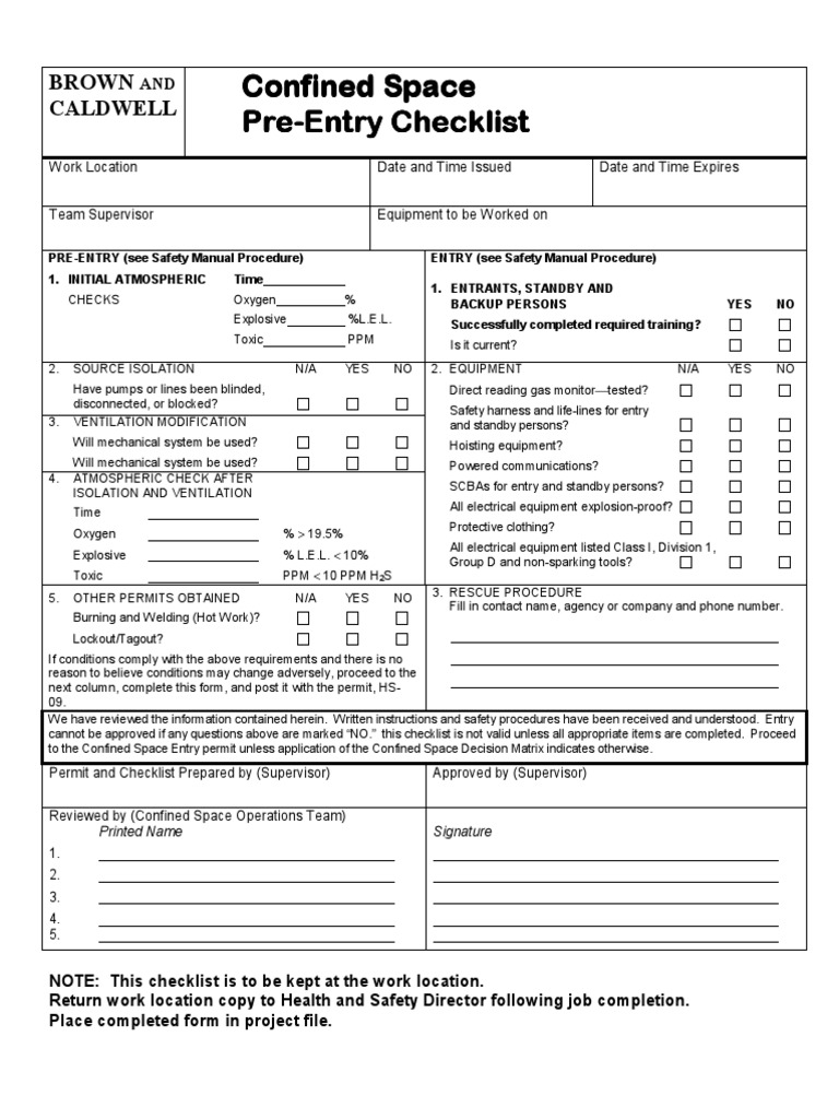 Ensuring Worker Safety in Confined Spaces: A Pre-Entry Checklist and Permit for Atmospheric ...
