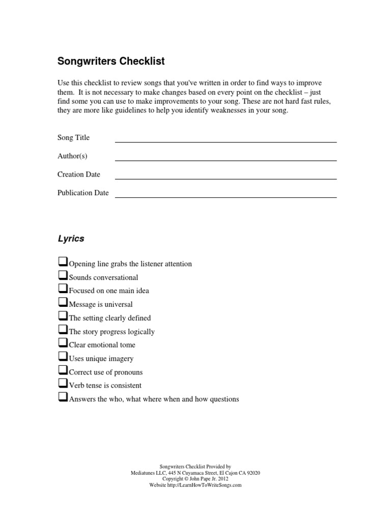 Songwriting Checklist | PDF | Language Arts & Discipline | Art