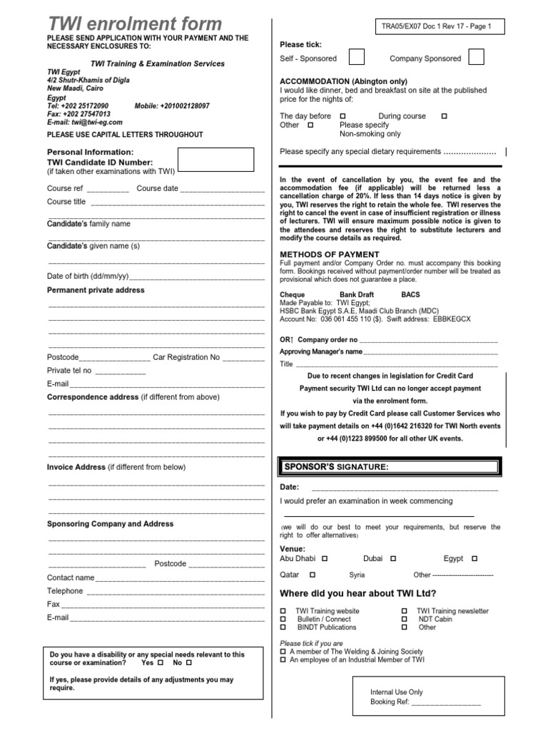 TWI Enrolment Form: Personal Information: TWI Candidate ID Number | PDF ...