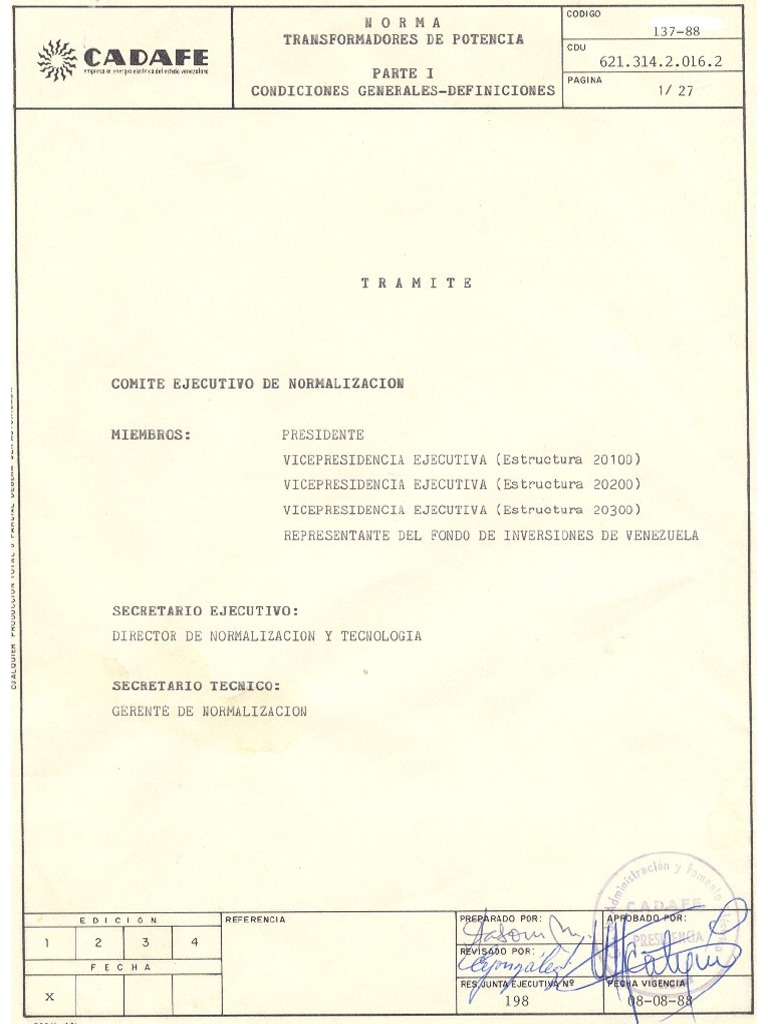 CADAFE 137-88 Transformadores de Potencia Parte I | PDF