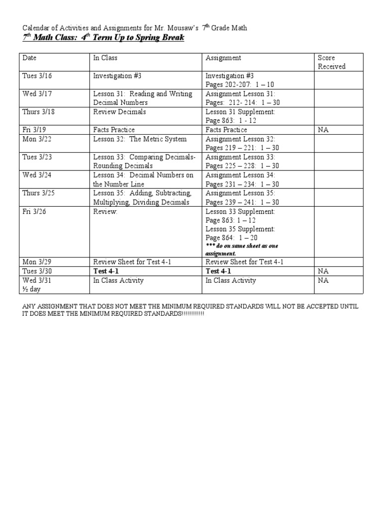 7th Grade Math Activities Calendar | PDF
