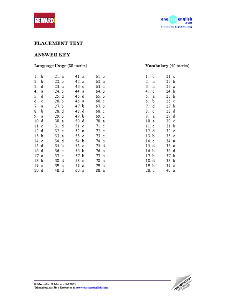 Placement Test Answer Key | PDF | Computers