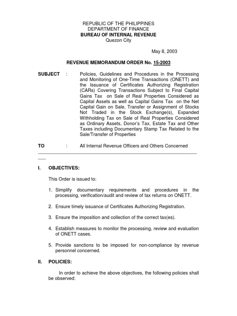 BIR Revenue Memorandum Order 15-2003 | PDF