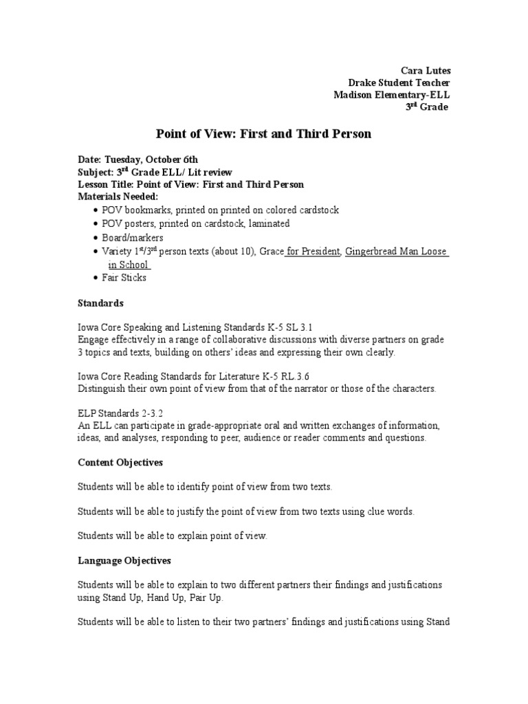 3rd Grade Lesson on Point of View | PDF | Narration | Educational ...