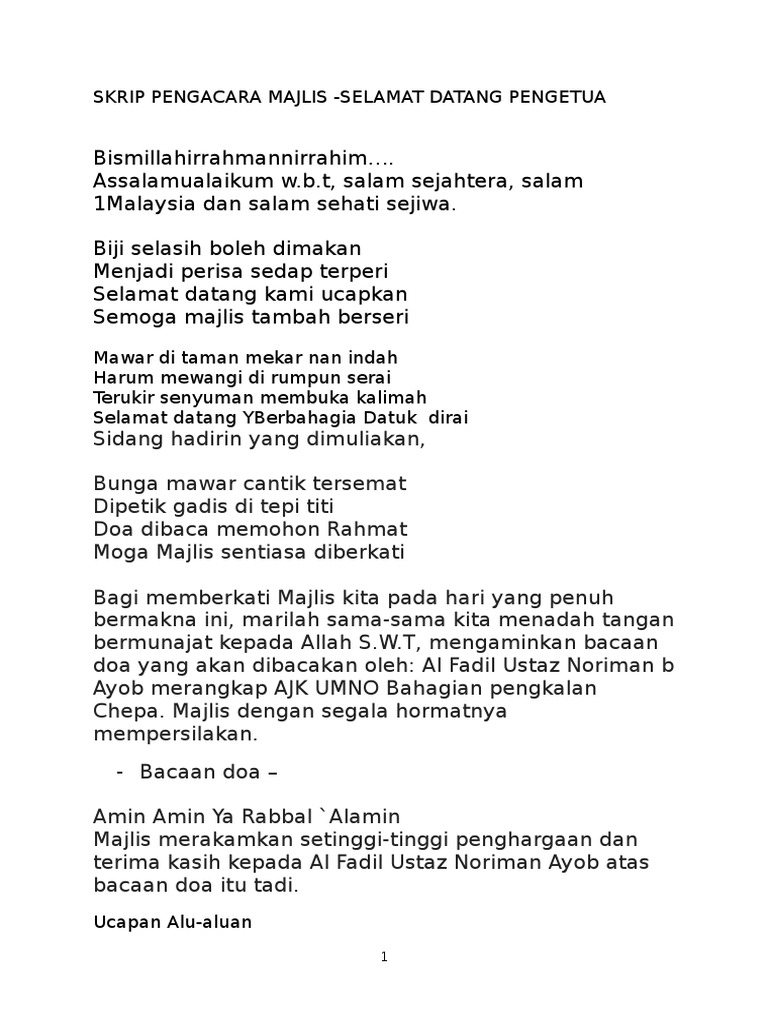 Skrip Ucapan Selamat Datang Majlis | PDF