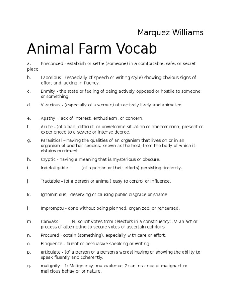 Animal Farm Vocabulary Definitions | PDF