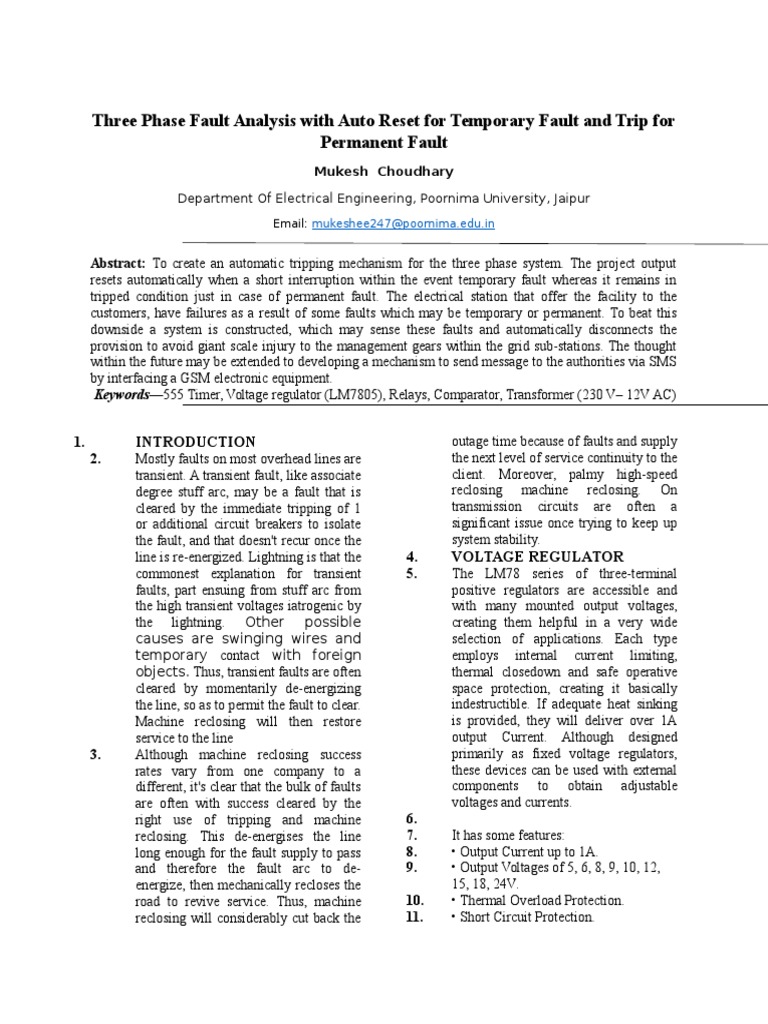 Review - Three Phase Fault Analysis With Auto Reset For Temporary Fault and Trip For Permanent ...
