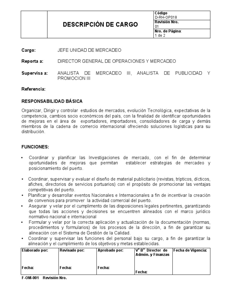 Modelo Descripcion de Cargo Jefe Unidad de Mercadeo | Quality Management | Marketing