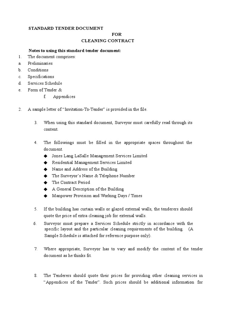 Cleaning Contract Tender Document | PDF | Nature | Business