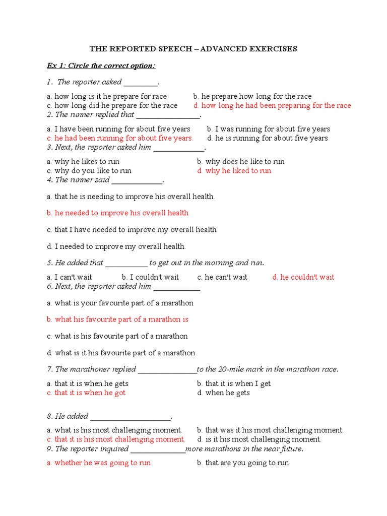 The Reported Speech - Advanced Exercises Oct10 | PDF | Ellipsis ...