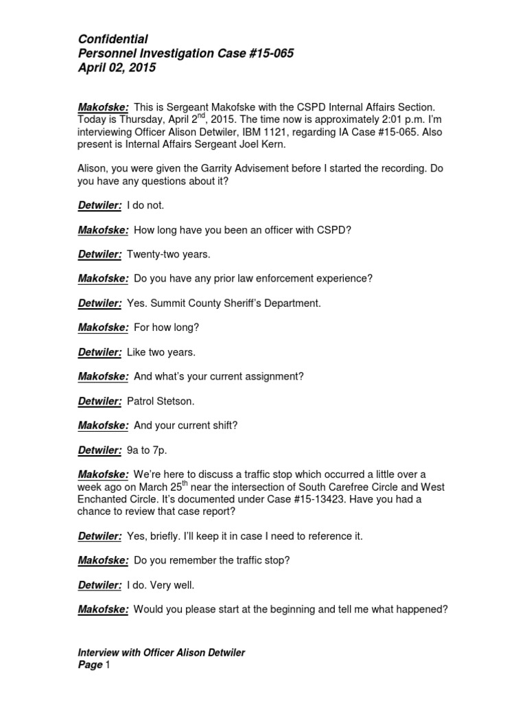 Ryan Brown Case: Officer Allison Detwiler Interview | PDF | Handcuffs ...