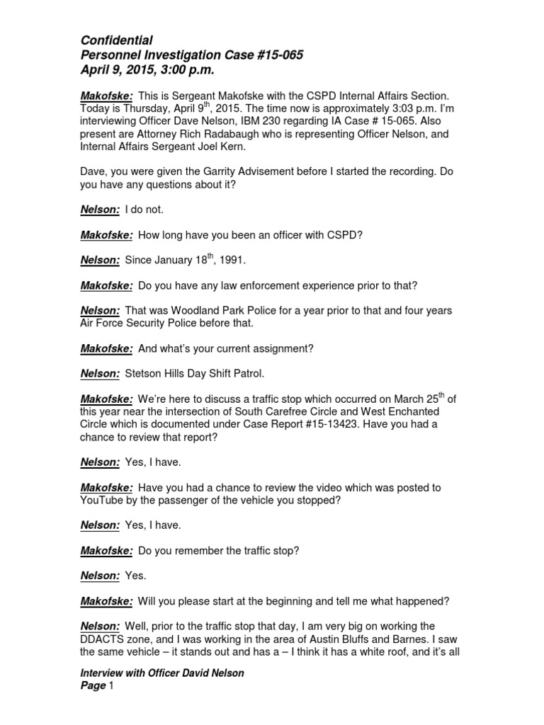 Ryan Brown Case: Officer David Nelson Interview | PDF | Handcuffs | Law ...