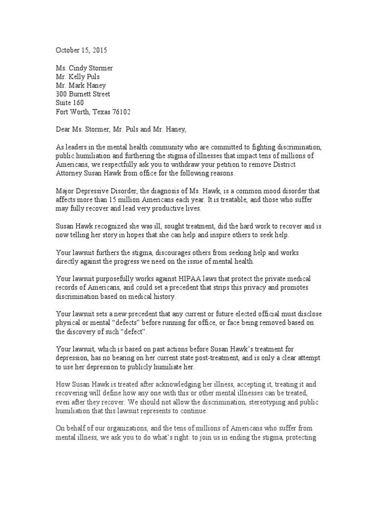 Letter to Cindy Stormer and Colleagues | Major Depressive Disorder ...