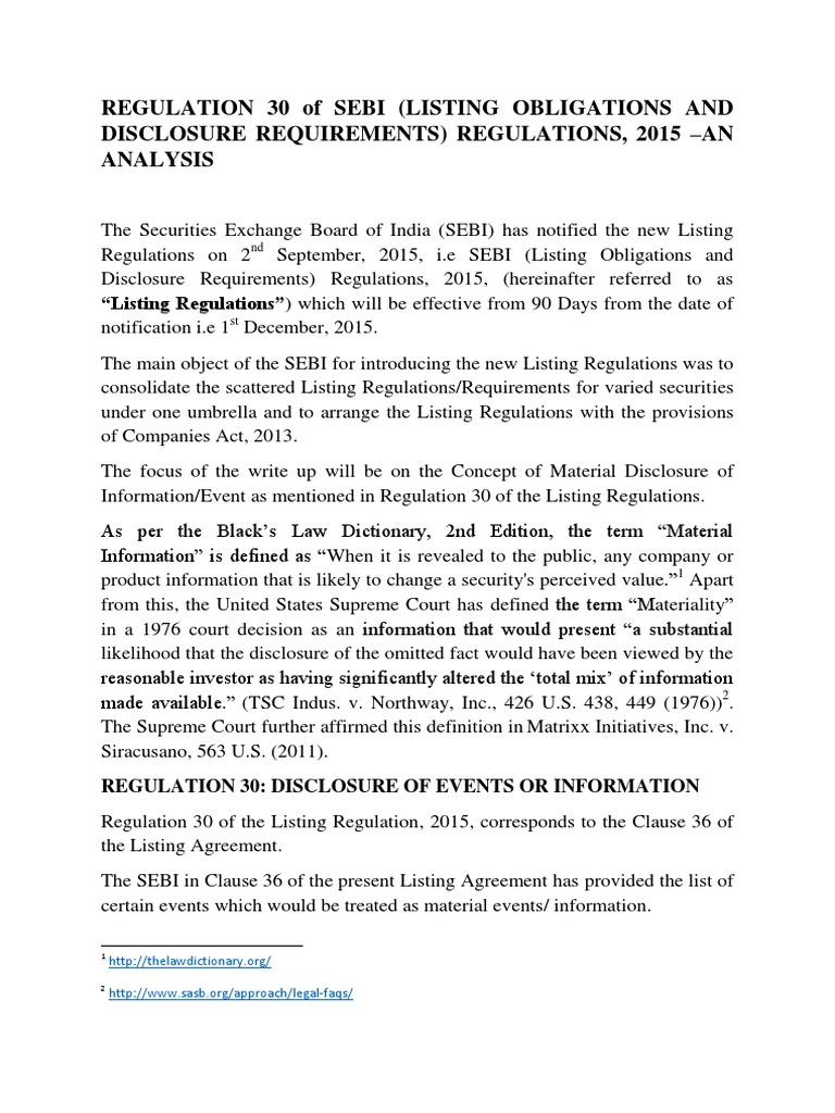 Material Disclosure of Information/Event: Regulation 30 of SEBI (LODR ...