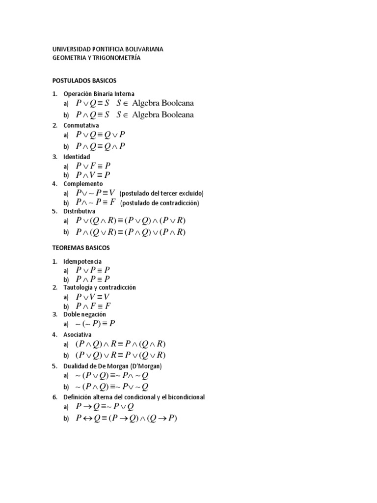 Postulados Basicos | PDF | Álgebra de Boole | Enseñanza de matemática