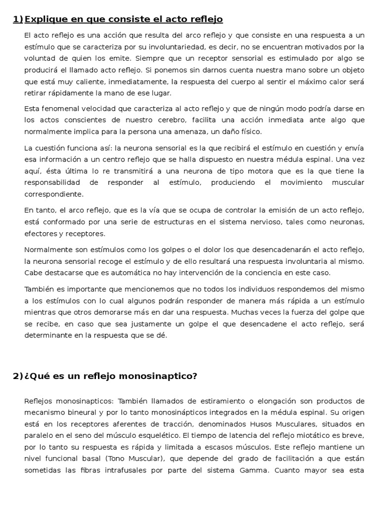 Cuestionario: Acto Reflejo | PDF | Neurofisiología | Músculo
