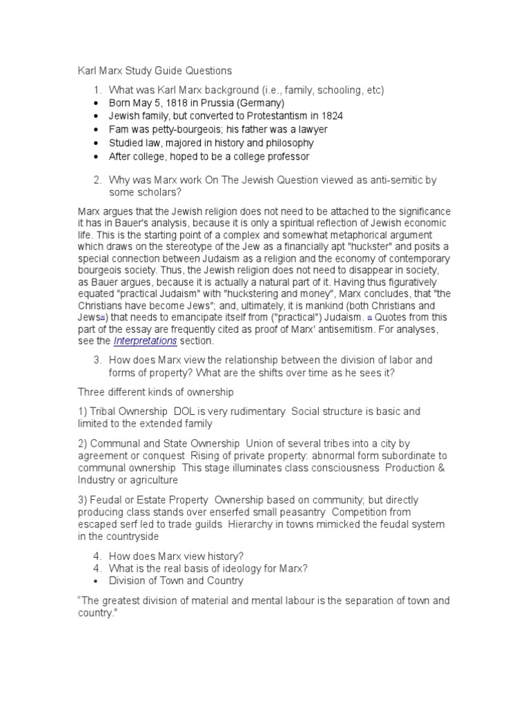 Karl Marx Study Guide Questions | PDF | Capitalism | Bourgeoisie