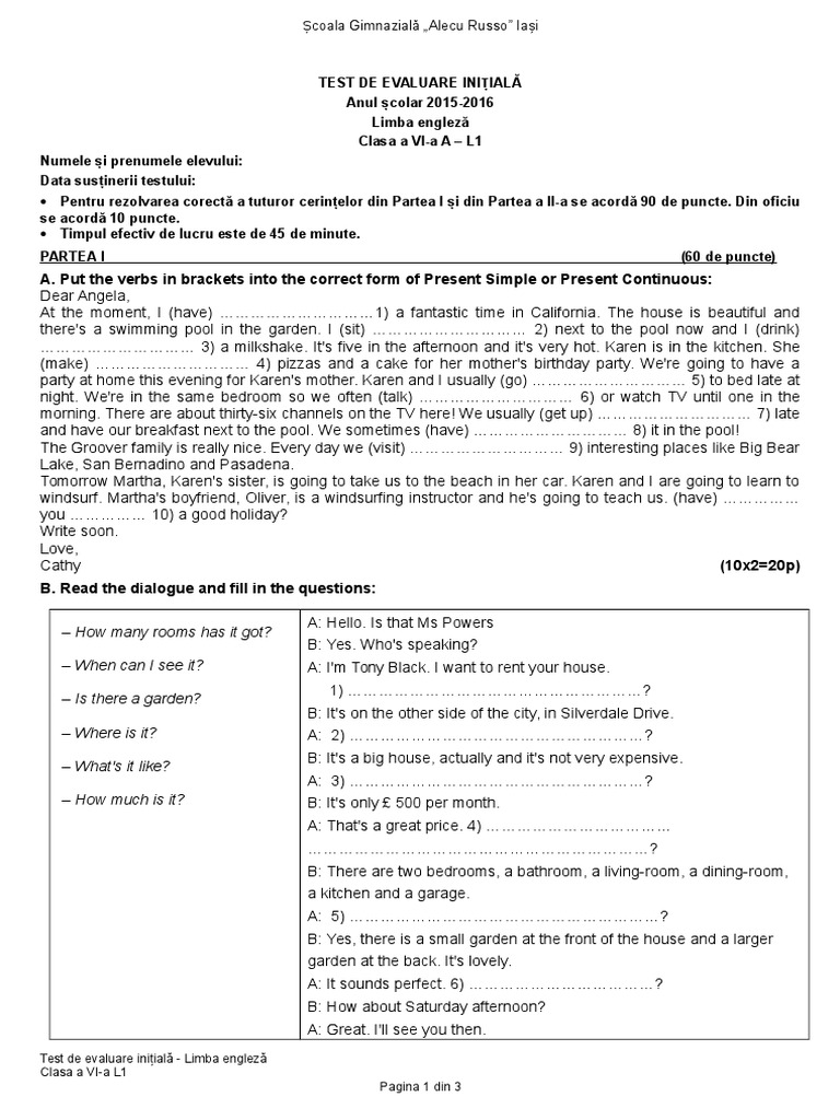 Test Initial Engleza Clasa 6-A, L1 | PDF