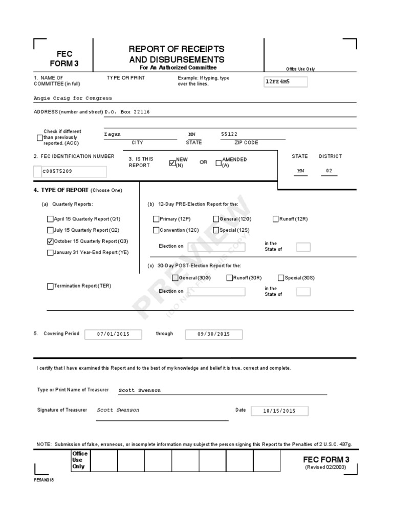Report of Receipts and Disbursements: FEC Form 3 | PDF | Political ...