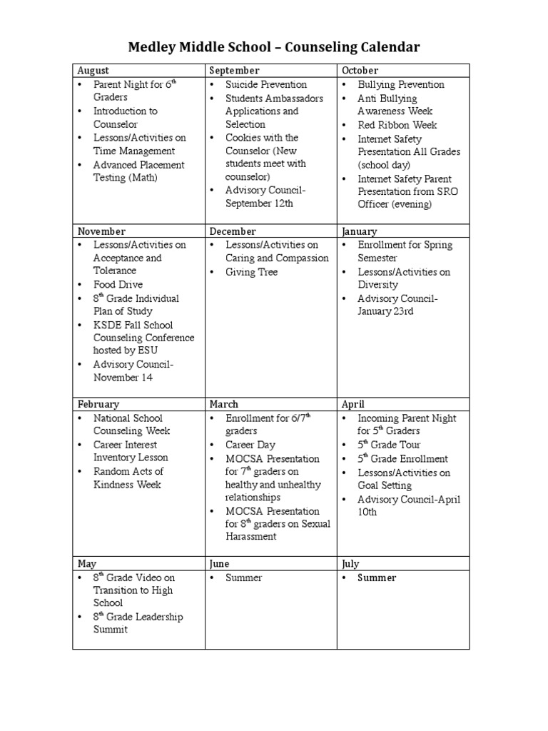 Medley School Counseling Calendar | PDF