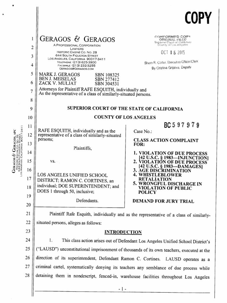 LAUSD Class Action Complaint - Teacher Jail | PDF
