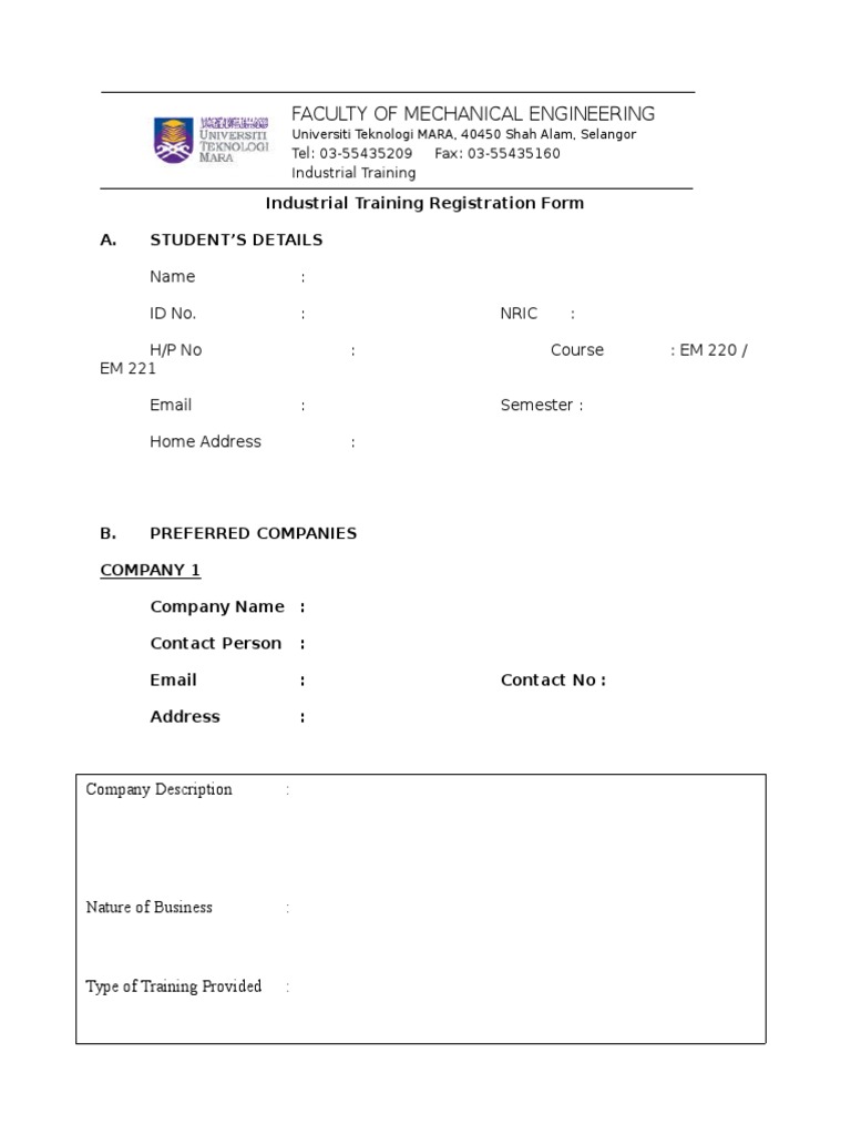 Industrial Training Registration Form | PDF | Career & Growth