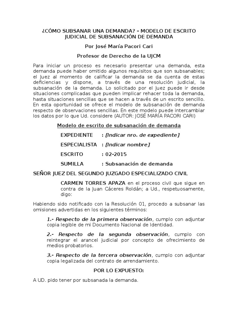 Cómo Subsanar Una Demanda - Modelo de Escrito Judicial de Subsanación ...