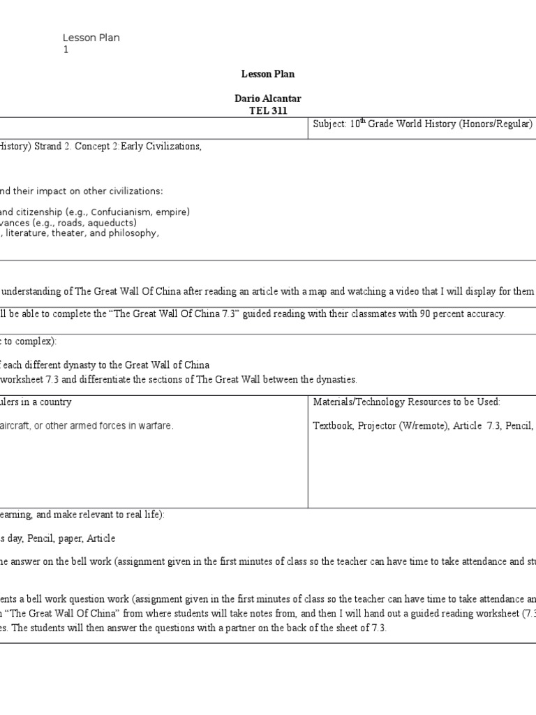 10th Grade World History Lesson | PDF | Lesson Plan | Learning