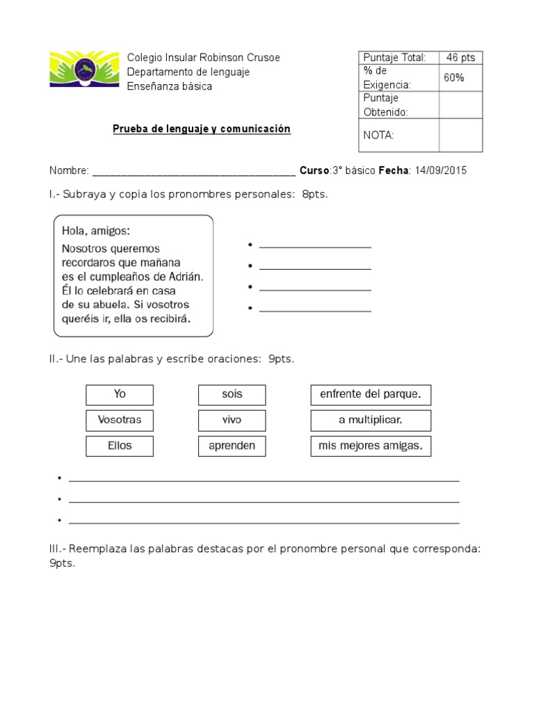 Evaluación de pronombres 3° básico | PDF