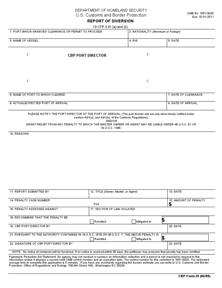 U.S. Customs Form 26 - CBP Form - Report of Diversion | PDF
