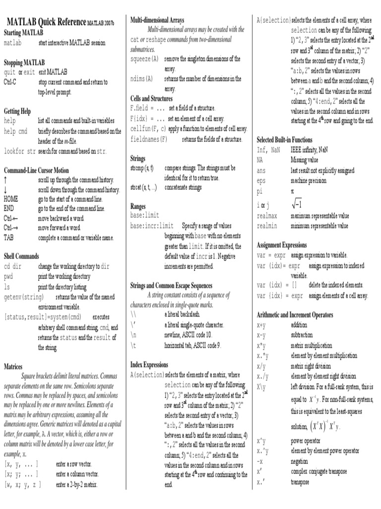 Reference Card MATLAB | PDF | Errors And Residuals | Covariance