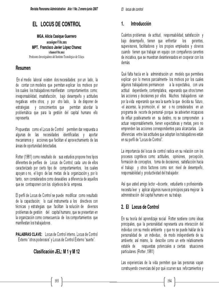 Tipos de Locus de Control en el Trabajo | PDF | Comportamiento ...