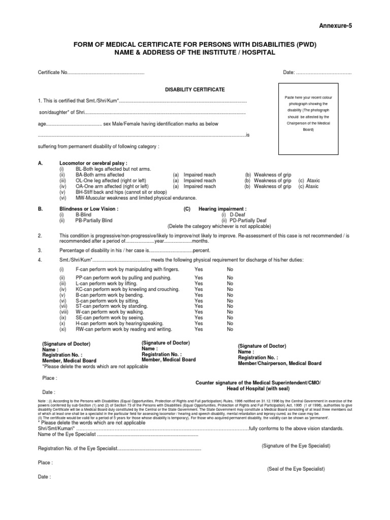 Form of Medical Certificate For Persons With Disabilities (PWD) Name ...