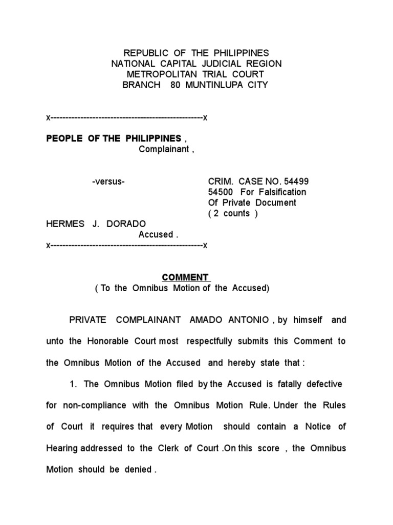 Comment To Omnibus Motion - Dorado Case Oct. 2015 | PDF | Prosecutor ...