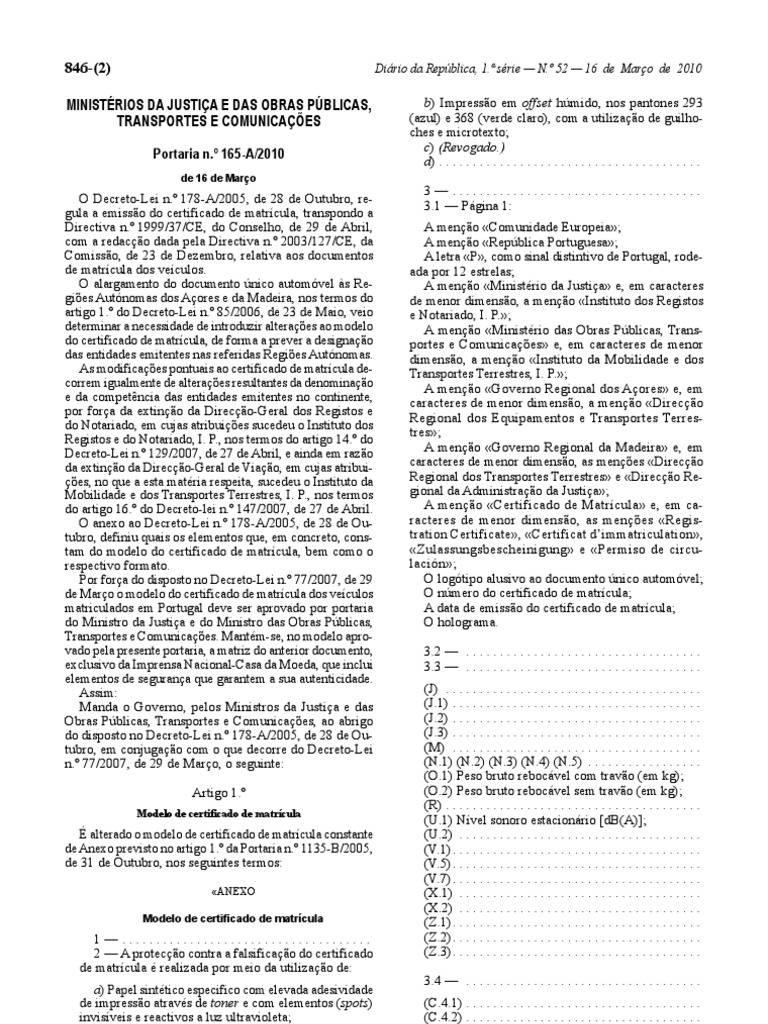 Certificado Matricula | PDF | Placa de registro de veículos | Açores