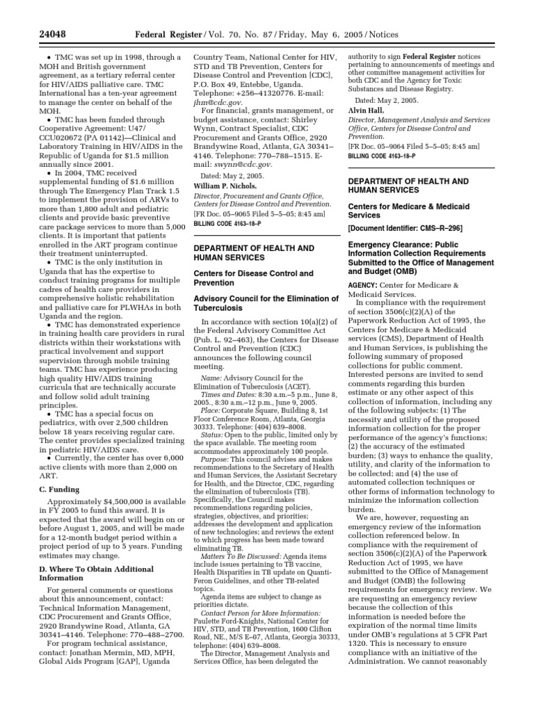 Notice: Grants and Cooperative Agreement Awards: Human Immunodeficiency Virus (HIV ...