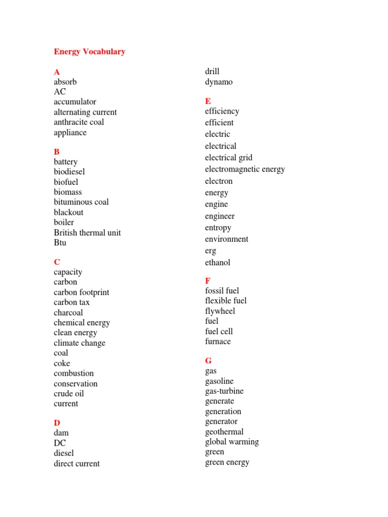 Renewable Energy Vocabulary Guide | PDF | Home & Garden | Science ...