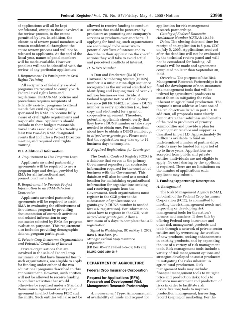Notice: Grants and Cooperative Agreements Availability, Etc.: Risk Management Research ...
