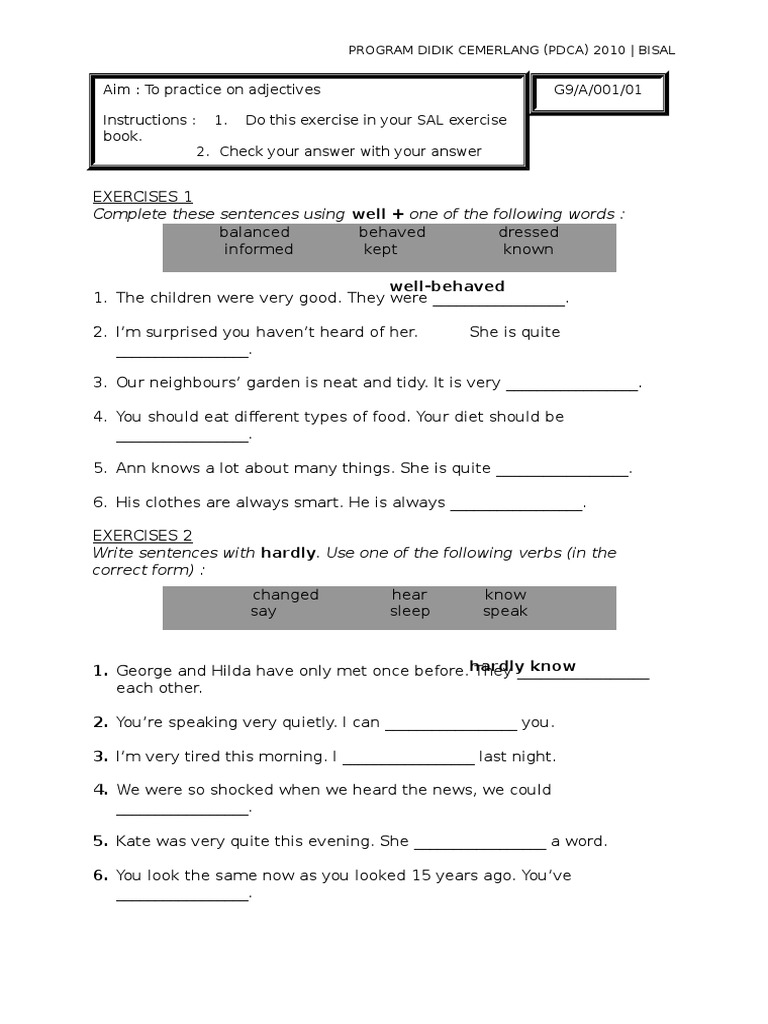 Complete These Sentences Using Well One Of The Following Words PDF