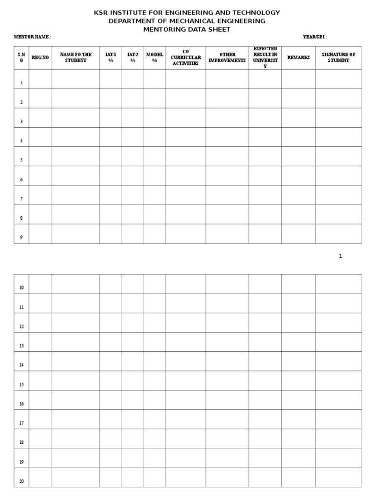 Mechanical Engineering Mentoring Data Sheet | PDF