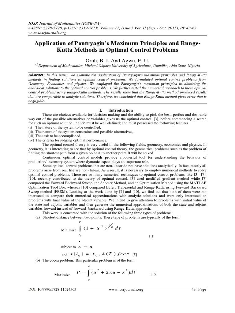 Application of Pontryagin's Maximum Principles and RungeKutta Methods in Optimal Control ...